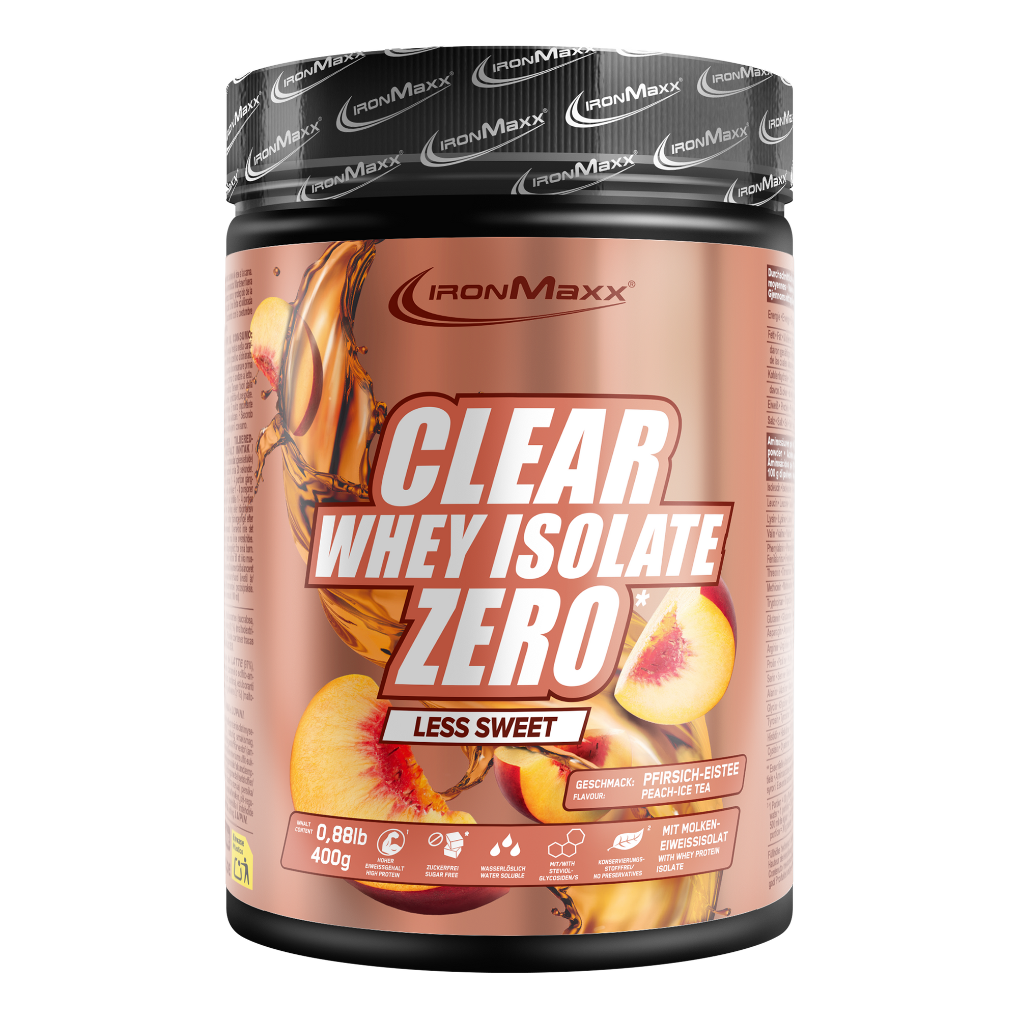 Clear Whey Isolate ZERO Peach Iced Tea 400g - Bestel nu – IronMaxx ...